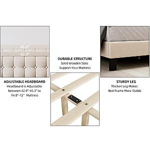 Senfot King Size Bed Frame, Linen Upholstered Platform Bed Frame with Adjustable Headboard and Strong Wooden Slats, Non-Slip and Noise-Free, No Box Spring Needed, Easy Assembly, Off White