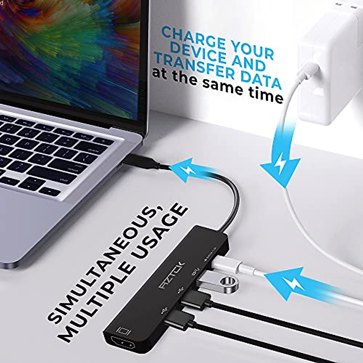 Aluminum USB Hub, USB-C Hub with 2.0 and 3.0 USB Ports, HDMI Port and 5V Charger, 5-in-1 USB Hub for USB C Devices, Black - AZTCK