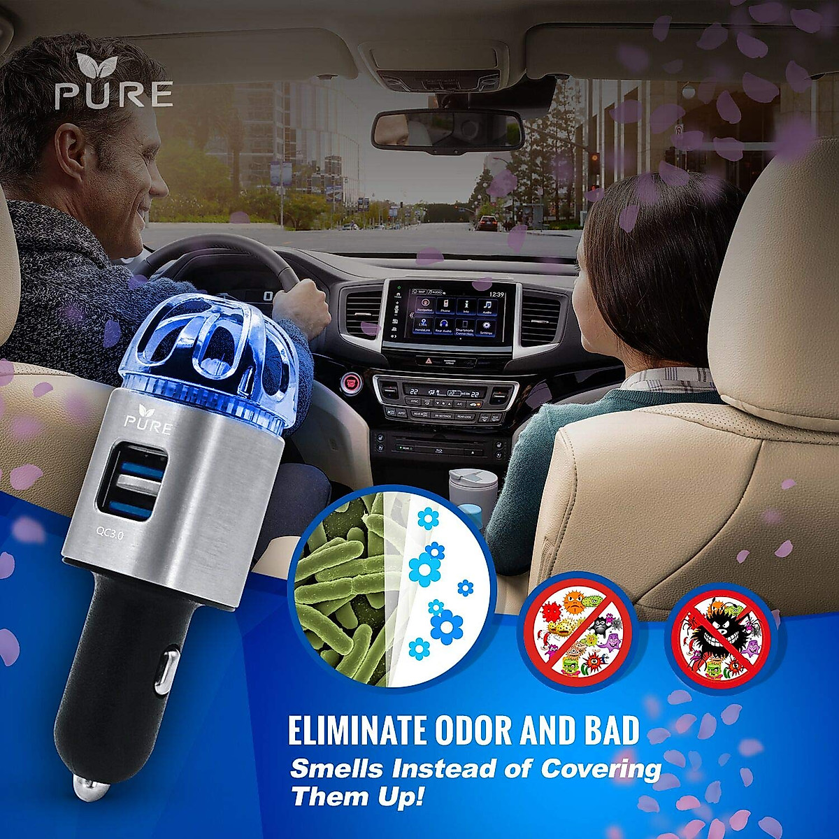 Car Air Purifier 3in1 Premium Stainless Steel Air Filter Ionizer w/Dual USB Quick Charge 3.0 USB-Eliminate Allergens Odor Smell, Smoke, Pets, Pollen Mold Bacteria w/Anti-Microbial Deodorizer (Silver)