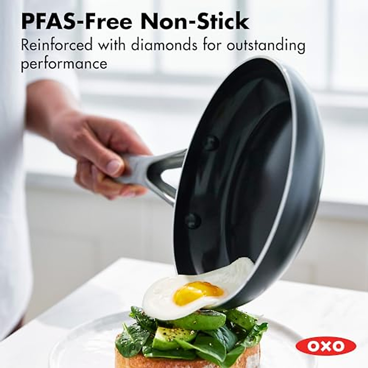 OXO Agility Series 8" Frying Pan Skillet, PFAS-Free Nonstick Lightweight Aluminum, Induction Base, Quick Even Heating, Stainless Steel Handles, Chip-Free Rims, Dishwasher & Oven Safe, Black