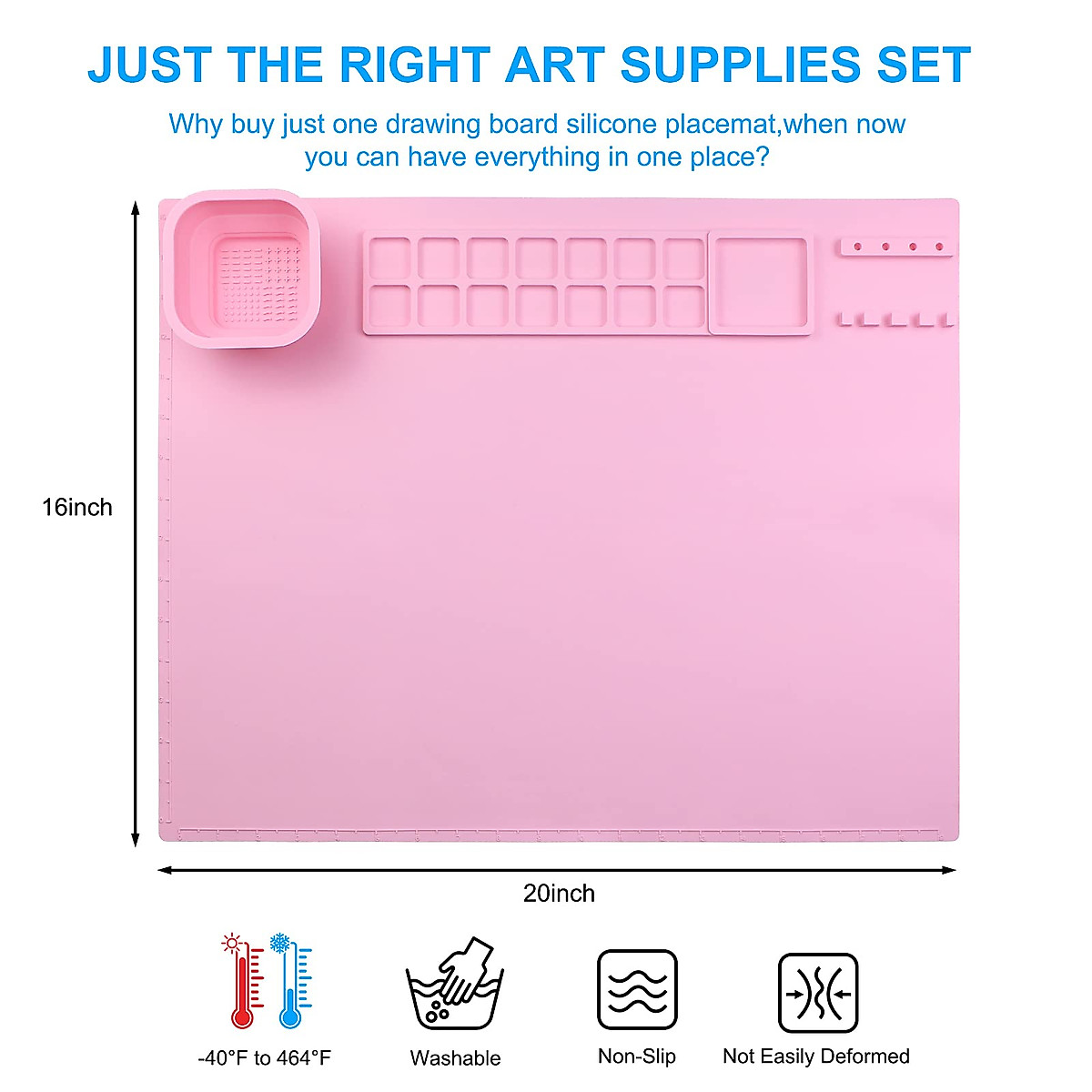 Queceuy Silicone Painting Mat，20"X16"Silicone Art mat with 1 Water Cup ，Handmade erasable Washable，for Resin, DIY, Clay, Play Doh Silicone Drawing mat for Children（Pink）