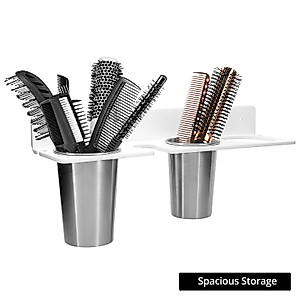 QWORK Wall-Mounted Hair Tool Organizer - Acrylic and Stainless Steel Hair Appliance Holder with Heat-Resistant Cups, Easy Installation for Bathrooms, Salons, Hotels