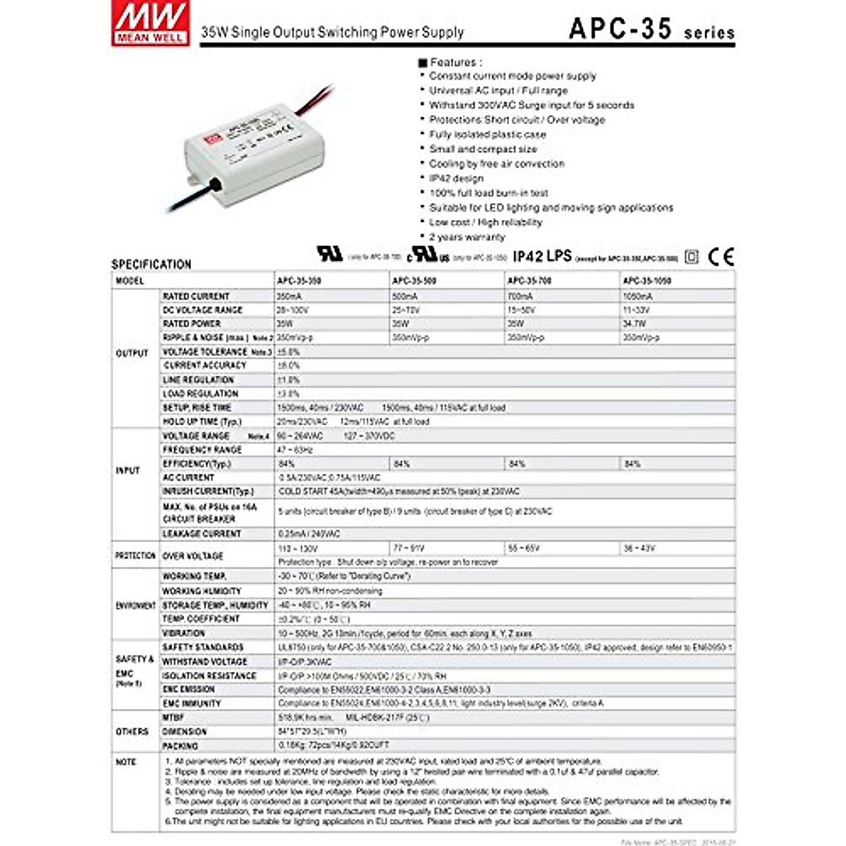 LED Driver 34.7W 33V 1050mA APC-35-1050 Meanwell AC-DC Switching Power Supply APC-35 Series Mean Well C.C Power Supply
