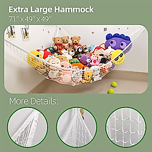 Stuffed Animal Hammock Net, Toy Storage Organizer with Extra Large Design, Corner Hanging Holder and Great Decor for Kids Bedroom, Baby Nursery Room, Expands to 5.9 Feet