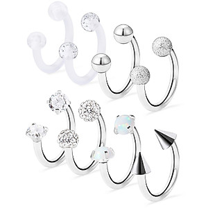 Dyknasz Horseshoe Circular Barbell Clear CZ Opal Stone Nose Septum Rings Hoop Retainer for Women Men Helix Cartilage Tragus Earring 316L Surgical Steel 16G 5/16"(8mm) Silver-Tone