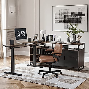 FEZIBO 66 Inch Executive L Shaped Standing Desk with 2-Drawer File Cabinet, Electric Height Adjustable Stand up Desk, Home Office Modern Wood Computer Desk with Shelves, Black Frame/Black Walnut Top