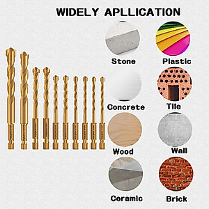 12PC Golden Concrete Drill Bit Set, Mgtgbao Masonry Drill Bits for Tile,Brick, Plastic and Wood Best for Wall Mirror and Ceramic Tile on Concrete and Brick Wall (3/16-1/2")