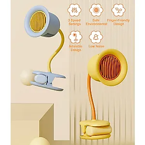 Snowpea Battery Operated Stroller Fan, Silicone Material, Bladeless, Finger-Friendly, 3 Speeds, Portable Mini Fan Clip-on Fan with Flexible Pod for Desk, Car Seat, Crib, Stroller, Camping - Blue