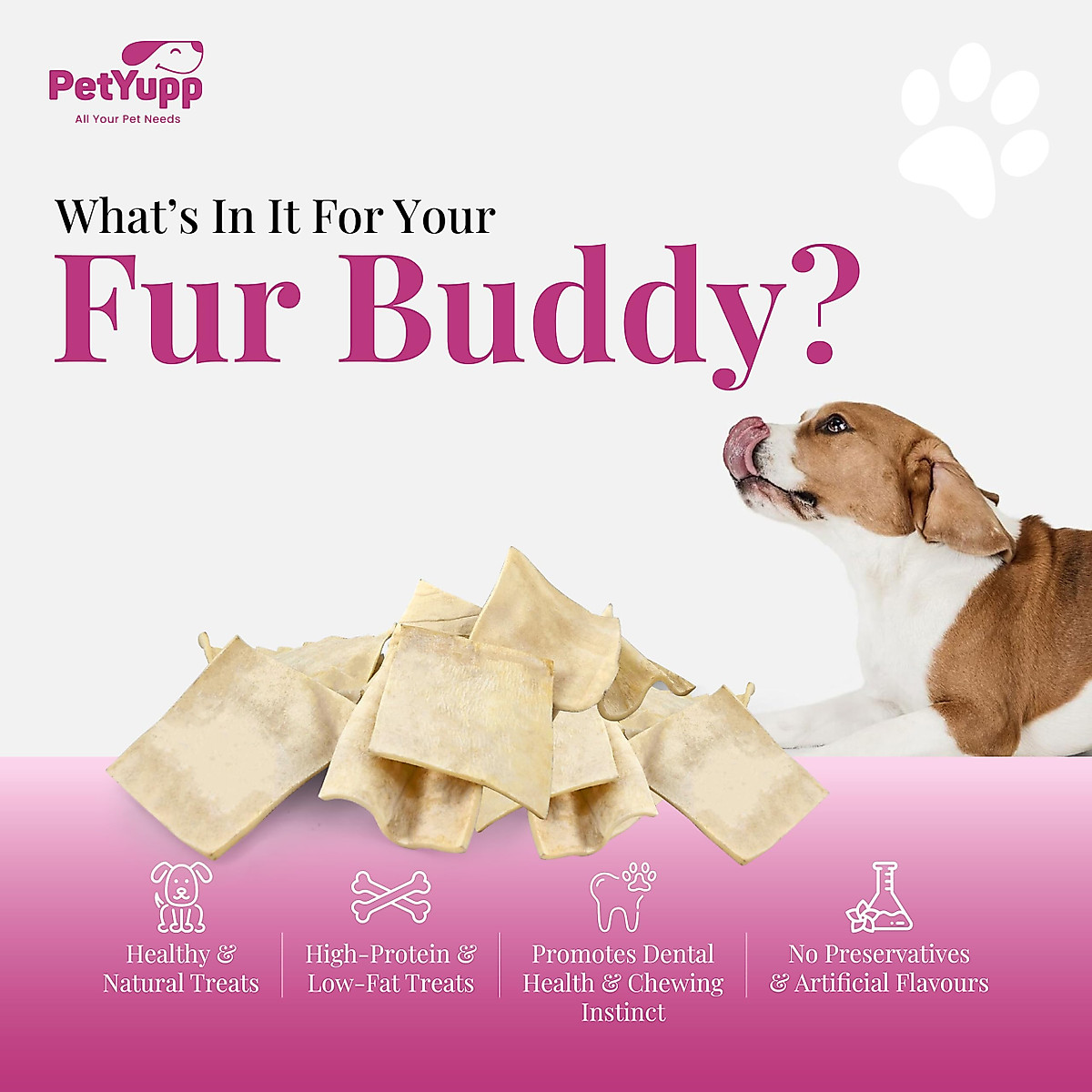 PetYupp Water Buffalo Cheek Chips Dog Chew - 1 lb - 100% Natural Dog Treats - for Small, Medium & Large Dog, High-Protein & Low-Fat Dog Treats, Promotes Dental Health - Non-GMO & No Additives