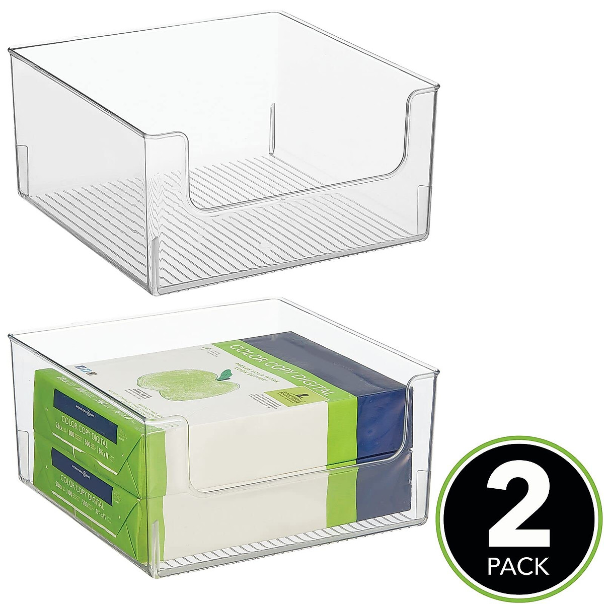 mDesign Modern Wide Plastic Open Front Dip Storage Organizer Bin Basket for Home Office Organization - Shelf, Cubby, Cabinet, and Closet Organizing Decor - Ligne Collection - 2 Pack - Clear