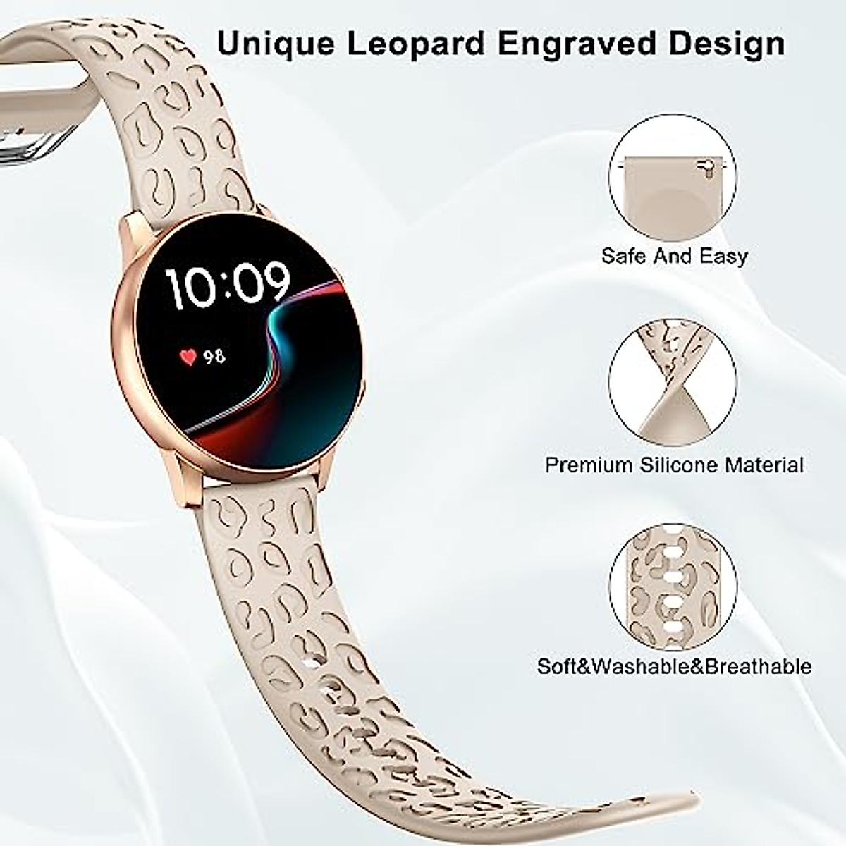Leopard Engraved Bands Compatible with Samsung Galaxy Watch 6 Watch 4/Watch 5 40mm 44mm for Women, Samsung Galaxy Watch 5 Pro 45mm/Galaxy Active 2/Galaxy Watch 3, 20mm Soft Silicone Strap