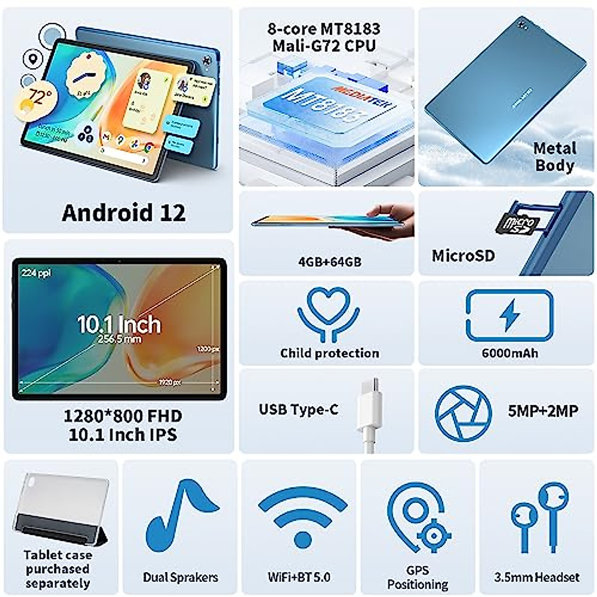 TECLAST 2023 New Android 12 Tablet, P30S Android Tablet 10 inch, 4+64GB, 1TB Expand Tablet PC, 8 Core CPU, 2.4G/5G WiFi Tablet, 10.1 inch IPS HD Display, Bluetooth 5.0, GPS, Dual Camera