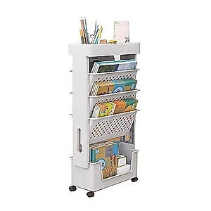 Movable Bookshelf, Compact Desk Storage Organizer with Caster Wheels, Slim Storage Trolley for Books,Corner Display Rack for Dorm Library,Multi-Purpose Rolling Cart,5-Tier (White)