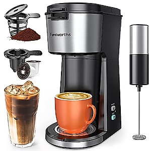 Famiworths Iced Coffee Maker with Milk Frother, Hot and Cold Single Serve Coffee Maker for K Cup Pod and Ground, Compact Coffee Machine 2 in 1 with Descaling Reminder and Self Cleaning