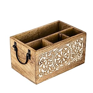 Mie Creations 4 Compartment Wooden Silverware Caddy Utensil Holder, Farmhouse Cutlery Flatware Organizer, Decorative Wood Caddy with Metal Handles for Kitchen Countertop, Picnic, Buffet Party- White