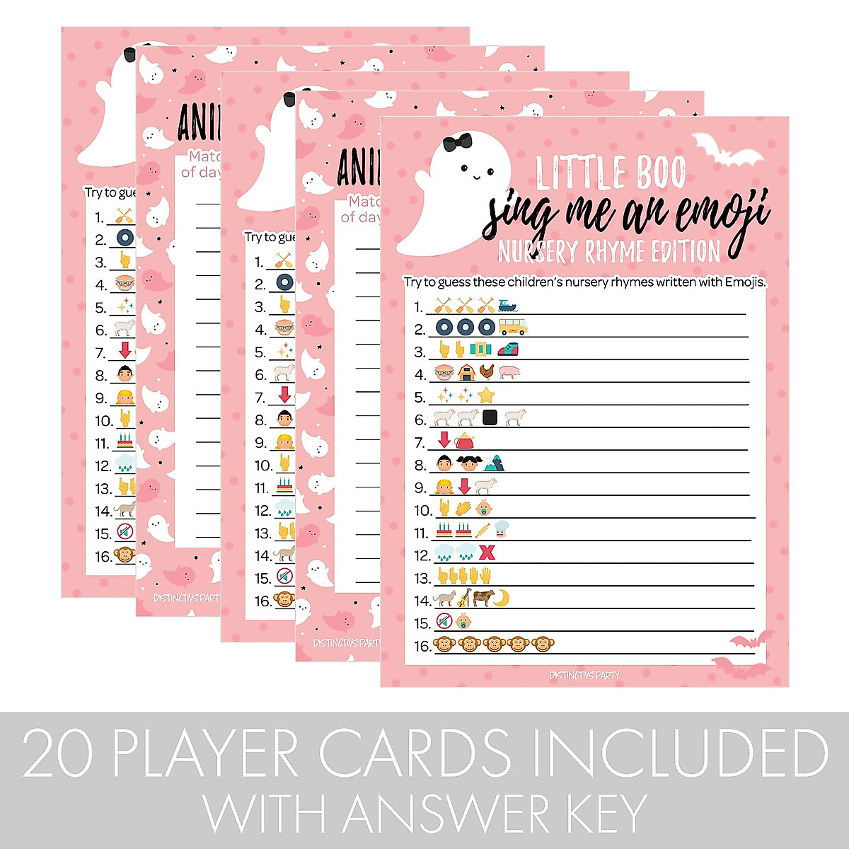 DISTINCTIVS Pink A Little Boo is Almost Due Girl Baby Shower Games - Animal Pregnancy and Emoji Picture Guessing Game (2 Game Bundle) - 20 Dual Sided Cards, Halloween Baby Shower