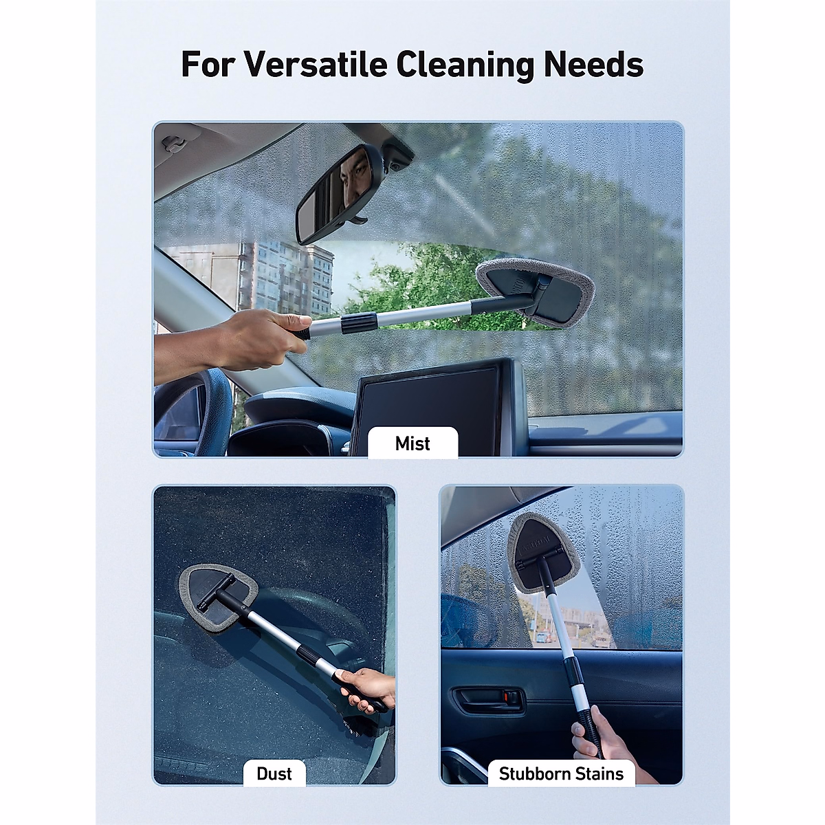 AstroAI Windshield Cleaner, Car Windshield Cleaning Tool Inside with 4 Reusable and Washable Microfiber Pads and Extendable Handle Auto Glass Wiper Kit, Gray