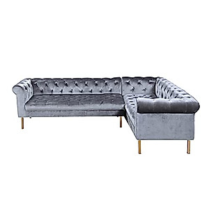 Iconic Home Giovanni Right Facing Sectional Sofa L Shape Velvet Upholstered Button Tufted Roll Arm Design Solid Gold Tone Metal Legs Modern Transitional Navy Grey