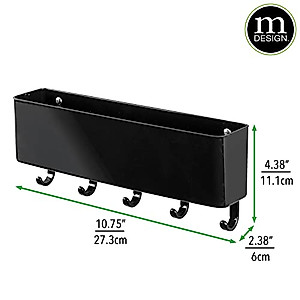 mDesign Plastic Wall Mount Mail and Key Holder with 5 Hooks, Hanger Rack Shelf for Home Entryway, Mudroom, Kitchen, Hold Letters, Cards, Magazines, Coats, Umbrellas, Ligne Collection - Black