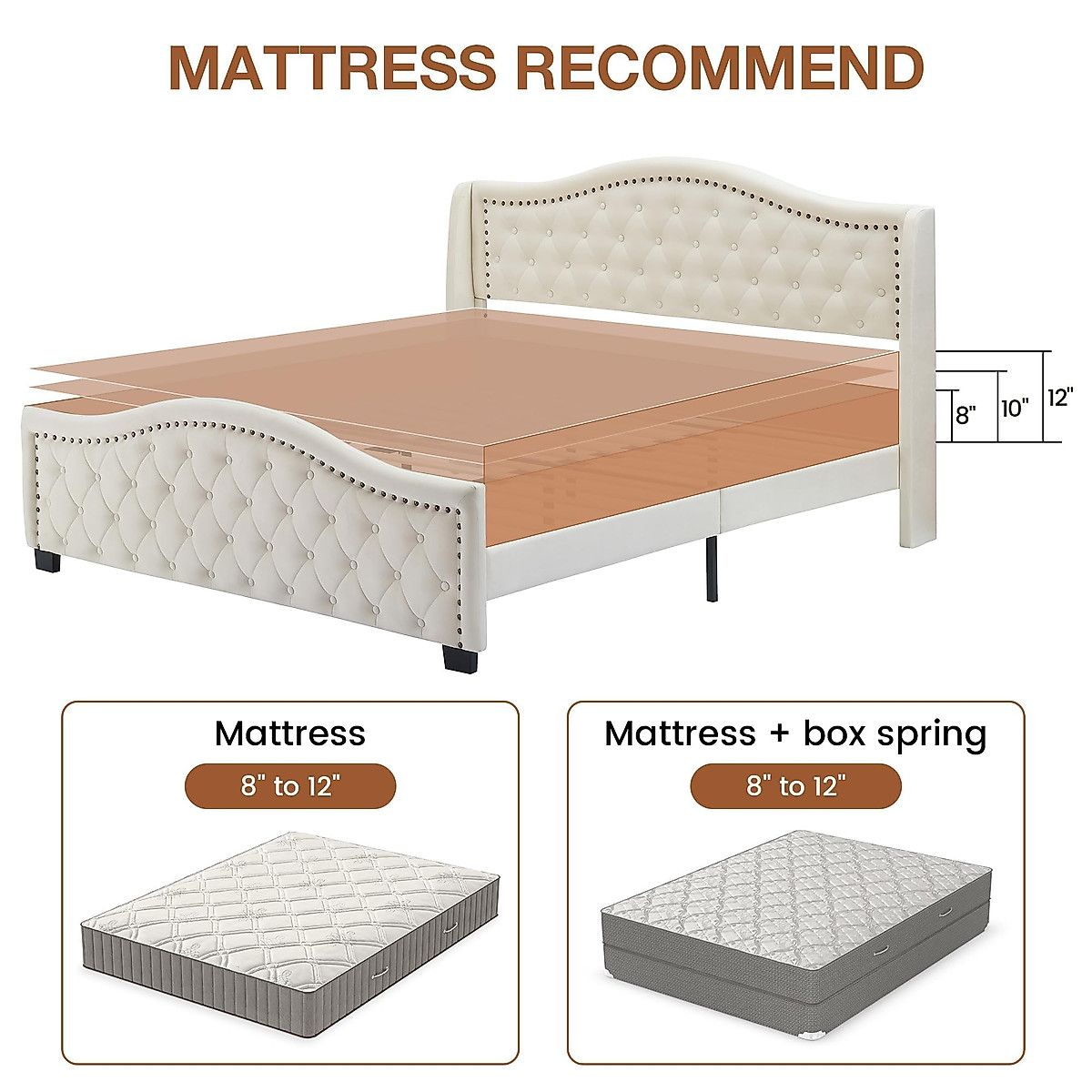 IDEALHOUSE King Size Upholstered Platform Bed Frame with Tall Headboard 47.2", King Bed with Velvet Button Tufted & Nailhead Trim Wingback Headboard, Luxurious Arched Footboard, Beige