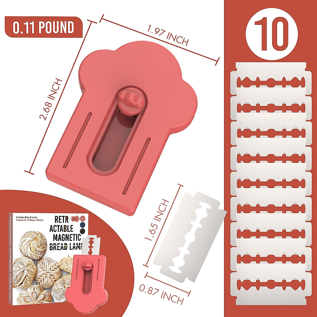MEKER Bread Lame, Upgraded Magnetic Dough Scoring Tool with 10 Razor Blades for Sourdough Bread Baking & Making, Includes Scoring Patterns Booklet, Red