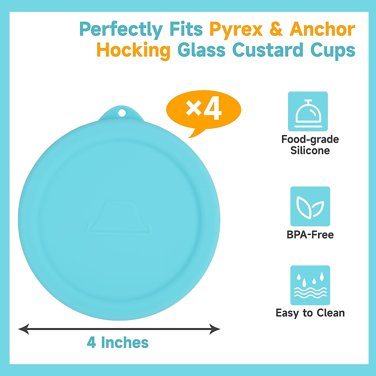 4 PCS Silicone Replacement Lids for Pyrex and Anchor Hocking Glass Custard Cups 6oz, Silicone Lids for Food Storage, Food Cover, Dishwasher Freezer Microwave Safe (Containers NOT Included)