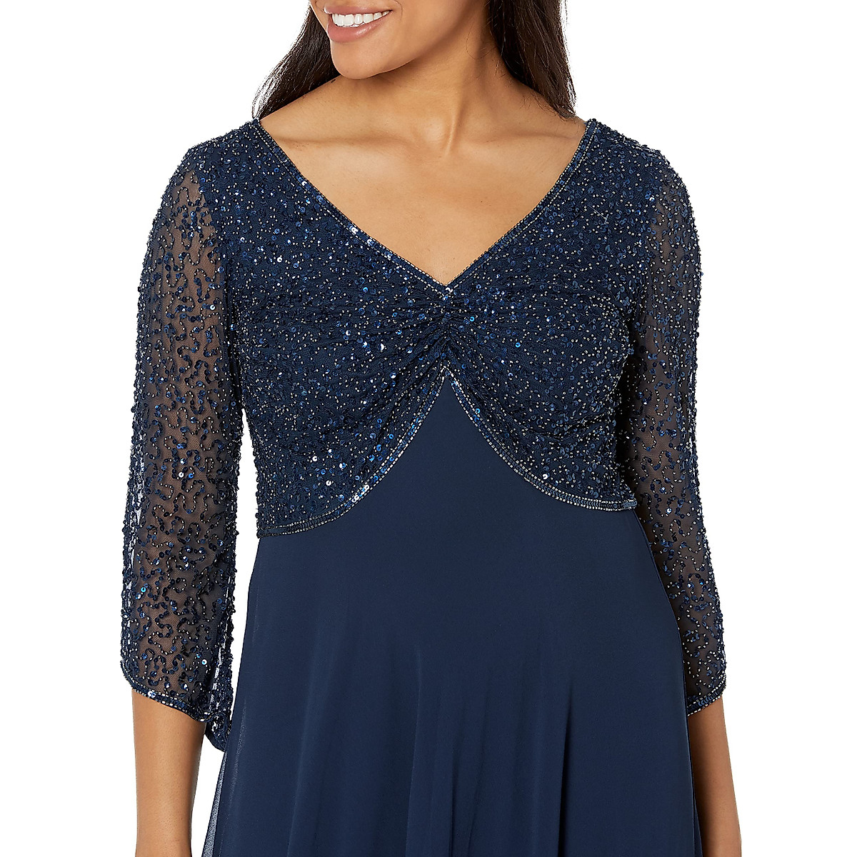 J Kara Women's 3/4 Sleeve V-Neck Beaded Top Long Gown, Navy/Mercury, 14
