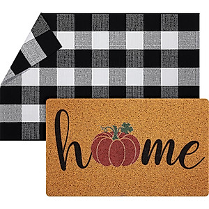 Geelin 2 Pcs Fall Home Door Mat Pumpkin Welcome Mat Thanksgiving Front Door Mat Outdoor Decorative Doormat Non Slip Black White Buffalo Checkered Rug Door Entrance Mat for Indoor Outdoor