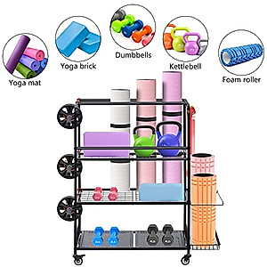 Home Gym Storage Rack, Yoga Mat Storage Racks, All in One Workout Equipment Storage Organizer for Yoga Ball Dumbbell Kettlebells Foam Roller Resistance Bands, Exercise Shelf with Hooks and Wheels