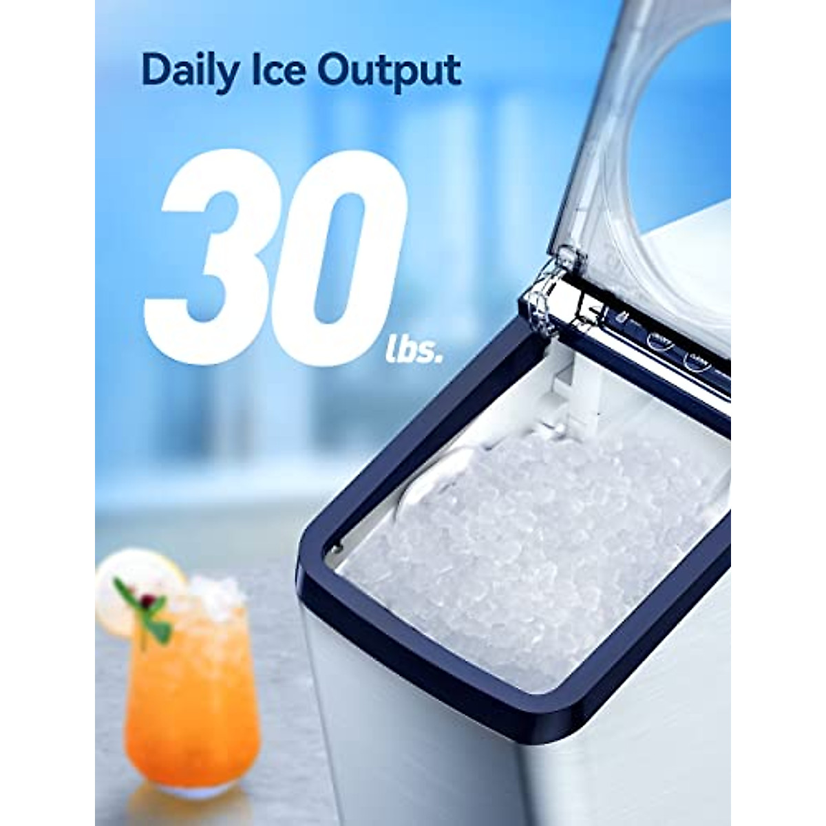 Thereye Countertop Nugget Ice Maker, Pebble Ice Maker Machine, 30lbs Per Day, 2 Ways Water Refill, 3Qt Water Reservoir & Self-Cleaning, Stainless Steel Ice Machine for Home Office Bar Party