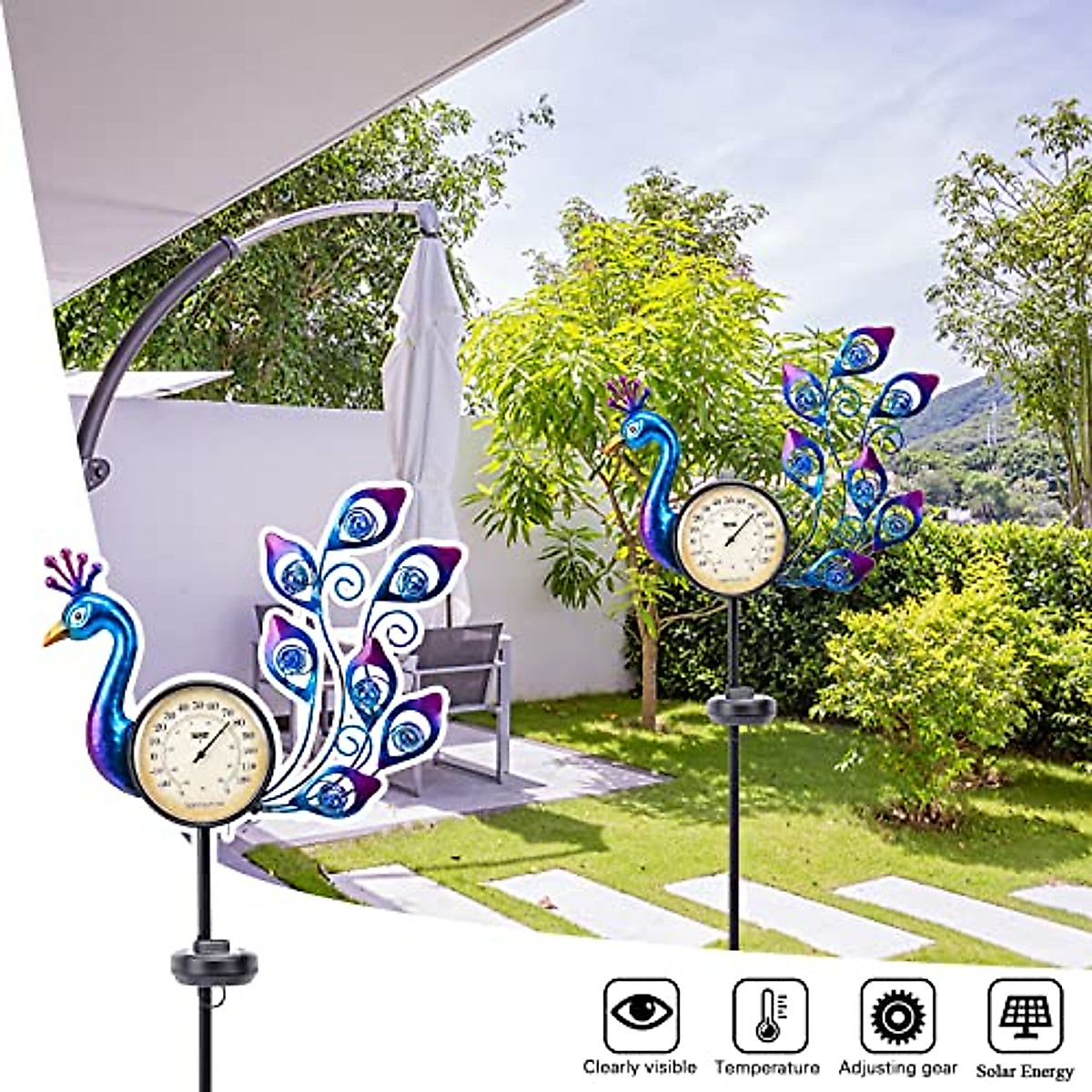MUMTOP Outdoor Thermometers for Patio - Solar Peacock Outdoor Thermometer with Garden Stake for Home and Garden Decor
