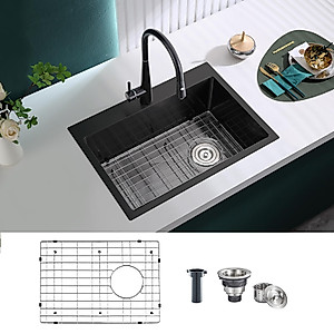 KINKIB 26 inch Drop-in Black Kitchen Sink Single Bowl, Topmount Kitchen Sink with Protective Bottom Grid, Overmount 304 Stainless Steel Kitchen Bar Sink Handmade with Basket Strainer, 26×18×9 inch