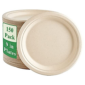 Vplus 150 Pack Paper Plates 9 inch 100% Compostable Plates Heavy-Duty Disposable Paper Plates Bagasse Natural Biodegradable Eco-Friendly Sugarcane Plates