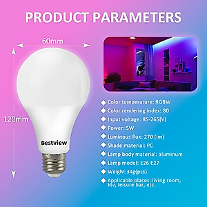 Bestview RGB LED Light Bulb, Color Changing Light Bulbs with Remote Control, RGBW Warm White 5W E27 Screw Base,Mood Light Flood E26 Light Bulb-16 Color Choices for Home Party Bedroom Outdoor(2 Pack)