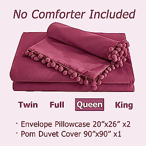 Andency Pom Pom Fringe Duvet Cover Queen Size (90x90 Inch), 3 Pieces (1 Solid Burgundy Red Duvet Cover, 2 Pillowcases) Soft Washed Microfiber Duvet Cover Set with Zipper Closure, Corner Ties