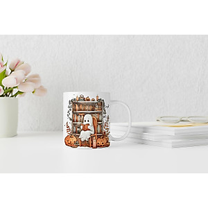 QASHWEY Halloween Reading Ghost Mug, Halloween Coffee Mug, Fall Book Lovers Gifts Mug, Halloween Themed Mug Tea Cup Gifts for Reading Lovers, Fall Bookish Ghost Halloween Coffee Cups Ceramic 11oz