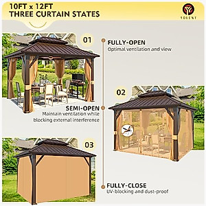 YOLENY 10' x 12' Gazebo, Hardtop Gazebo with Aluminum Frame, Double Galvanized Steel Roof, Curtains and Netting Included, Metal Gazebos Pergolas for Patios, Garden, Lawns, Parties