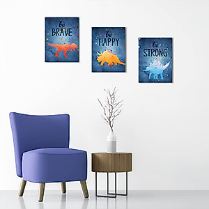Apicoture Dinosaur Wall Art - Navy Blue Orange Funny Jurassic Dinosaur World Paintings Canvas Wall Art Brave Happy Cartoon Quotes Pictures For Kids Room Wall Framed, 12"X16"X3 Panels
