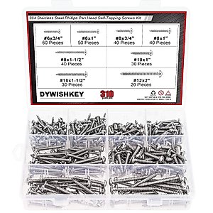 DYWISHKEY 310 Pieces #6#8#10#12 Stainless Steel 304 Phillips Pan Head Self-Tapping Screws, Wood Screws Assortment Kit