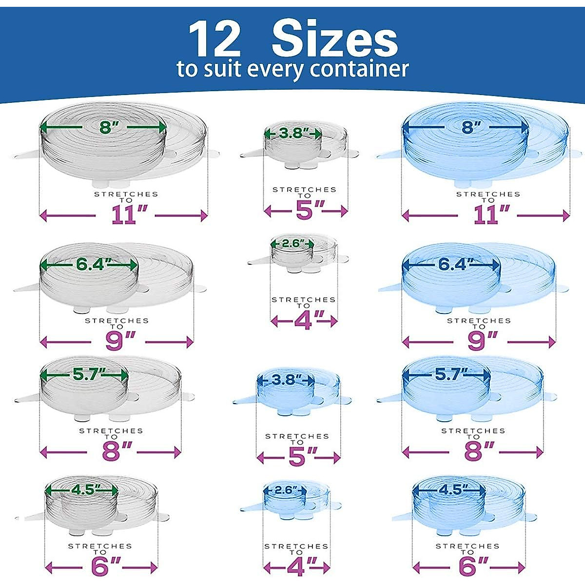 YAZJIWAN Silicone Stretch Lids, Durable & Eco-Friendly Elastic Lids Reusable Heat Resistant Various Sizes Cover for Bowl (Blue+white-12pack)