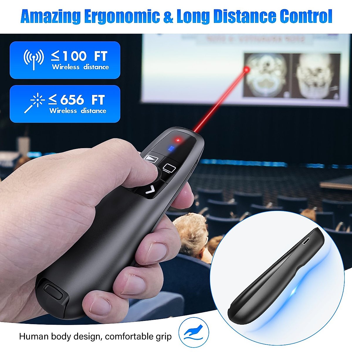 2-in-1 USB Type C Presentation Clicker, Clicker for PowerPoint Presentations, Rechargeable Wireless Presenter Remote, Pointer RF 2.4GHz USB PowerPoint Clicker Slide Advancer with Volume Control