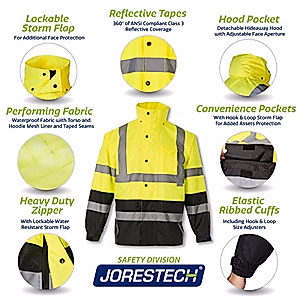JORESTECH High Visibility Light Weight Waterproof Rain Jacket ANSI/ISEA 107-2015 Class 3 Level 2 Yellow/Black JK-03-YLBK (XL)