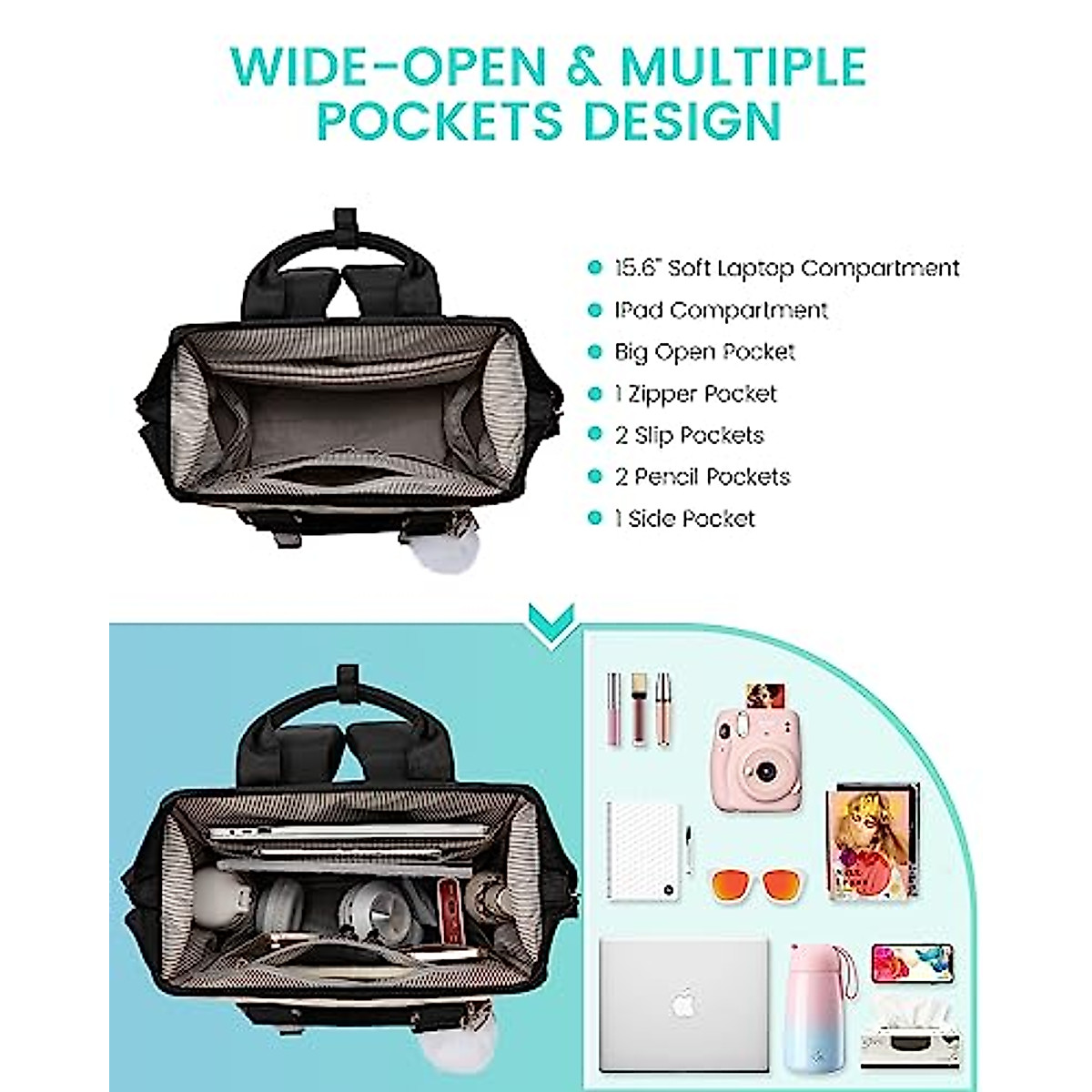 LOVEVOOK Laptop Backpack for Women,15.6 Inch College Backpack,Light Weight Travel Backpack Waterproof Casual Daypack Computer Backpack fits Travel Work Casual（15.6 inch,Black&Beige）