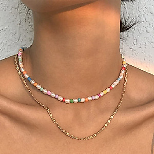 Chargances 2pcs Pearl Choker Necklace for Women Colorful Beaded Choker Dainty Layered Choker Jewelry for Women Girls Gift