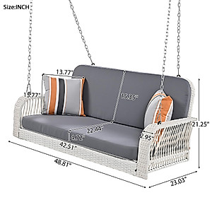 XD Designs Modern PE Wicker Porch Swing, 2-Seater Hanging Bench, 2 Person Front Hanging Porch Swing Bench with Chains, Cushion, Pillow for Backyard Garden Poolside, Max 500 Lb (White-FM)