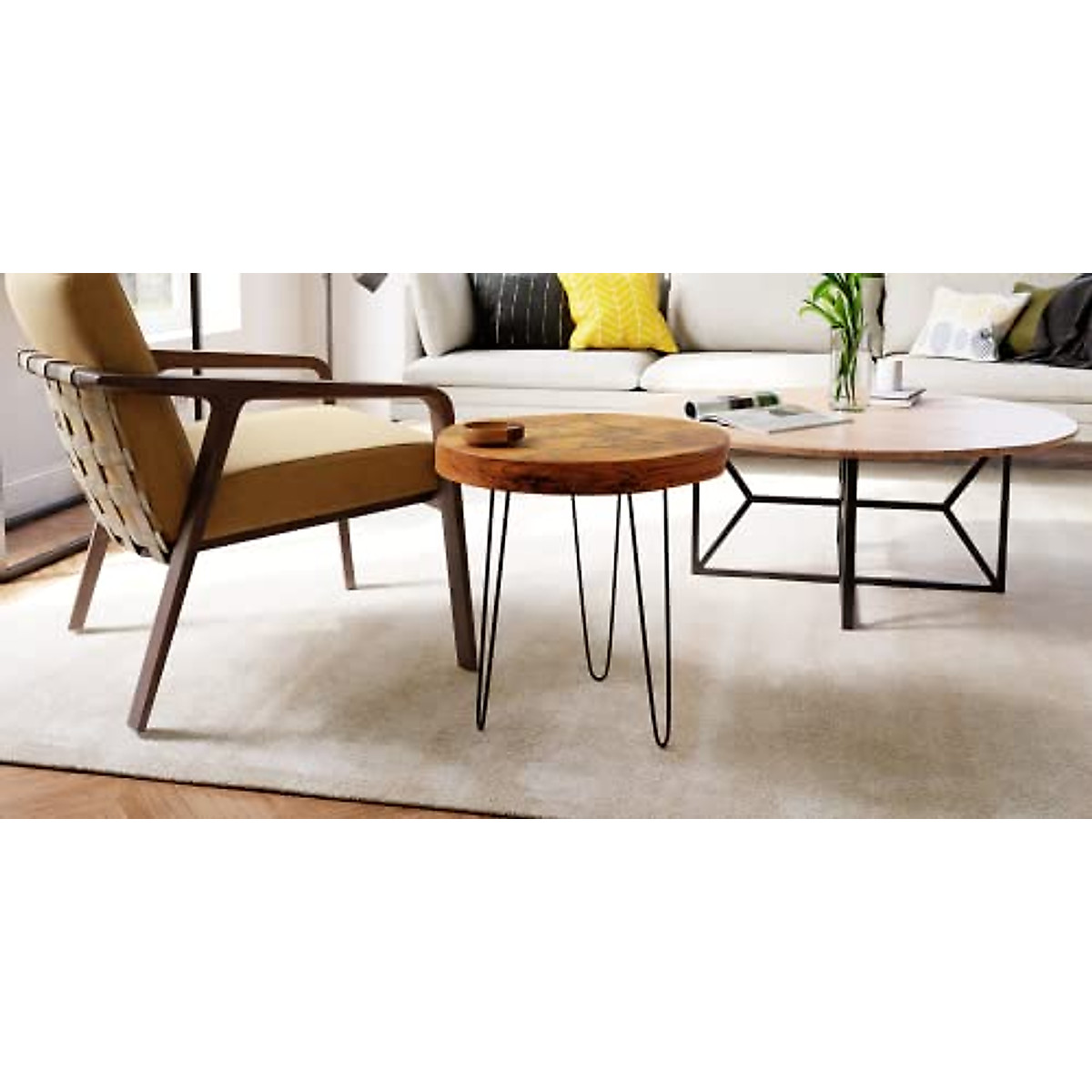 HEFT Solid Teak Wood Round Side Table - Handcrafted Circle Coffee Table for Living Room, Bedside, Office - Modern Accent Furniture with Lichtenberg Patterns - Black Metal Frame & Legs - Large