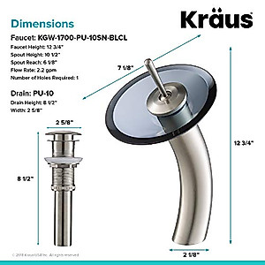 Single Lever Vessel Glass Waterfall Bathroom Faucet Satin Nickel with Black Clear Glass Disk and Matching Pop Up Drain