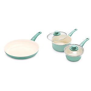 GreenLife Soft Grip Healthy Ceramic Nonstick 12" Frying Pan Skillet and 1QT and 2QT Saucepan Pot Set with Lids, PFAS-Free, Dishwasher Safe