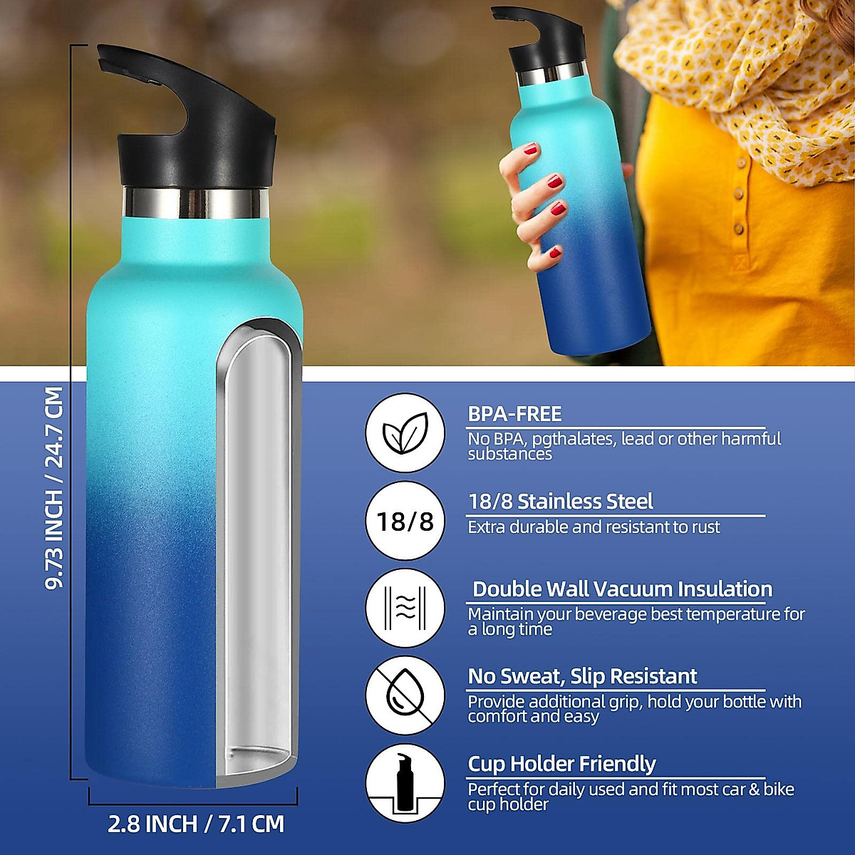 Volhoply 17oz Kids Insulated Water Bottle,Stainless Steel Water Bottles with Straw Lid,Reusable Metal Thermos Water Bottle,Double Wall Vacuum Sports School Water Flask Keep Cold(Green Blue,1 Set)