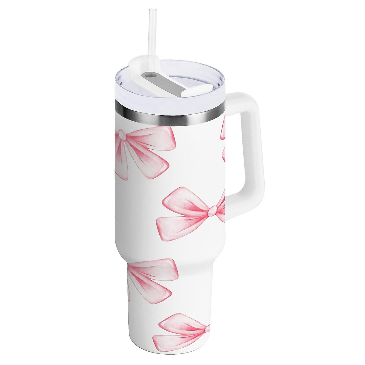 KEEPREAL 40 oz Pink Bow Tie Tumbler with Handle, Insulated Sports Water Bottle with Lid and Straw, Thermal Stainless Steel Travel Coffee Mug Cup